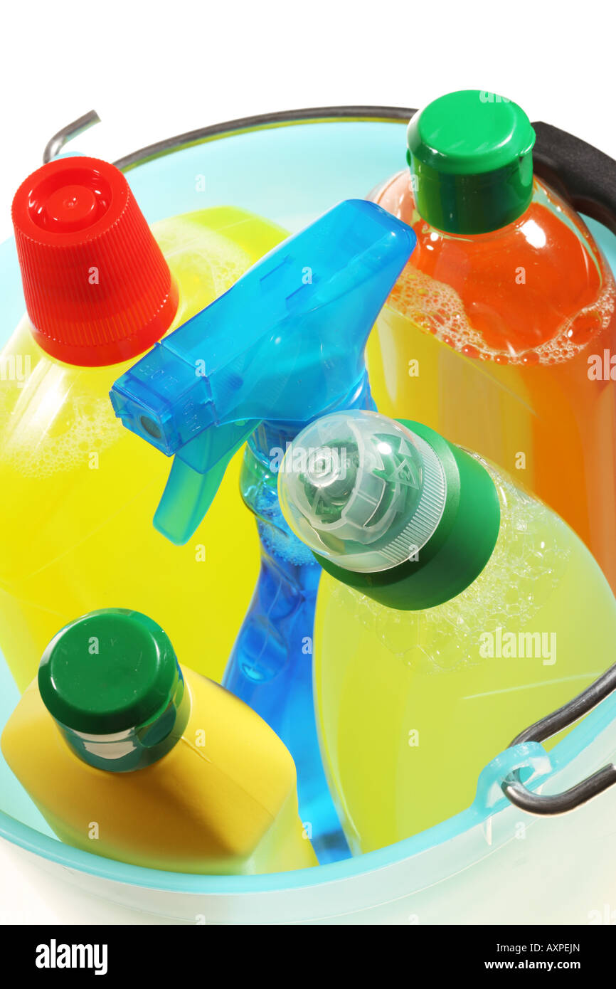 Plastic bottles with liquid cleaning agents Stock Photo - Alamy