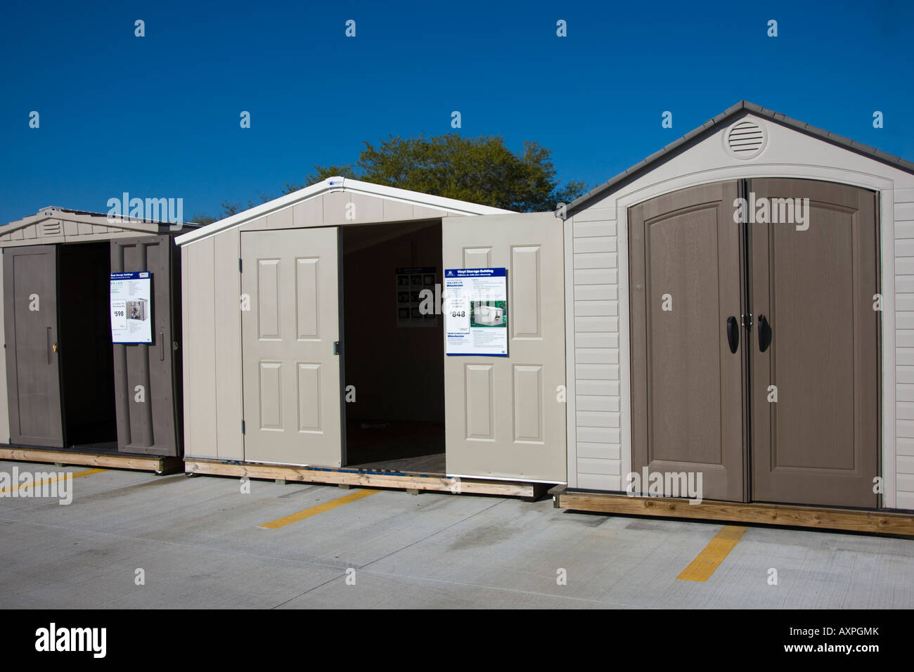 Sheds on display at a home center Stock Photo - Alamy