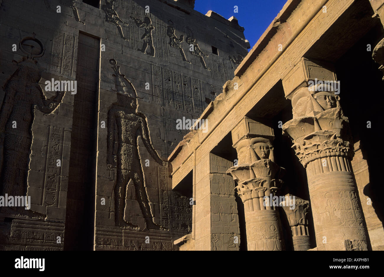 Outer temple court Philae temple Agilkia island Aswan Egypt Stock Photo ...