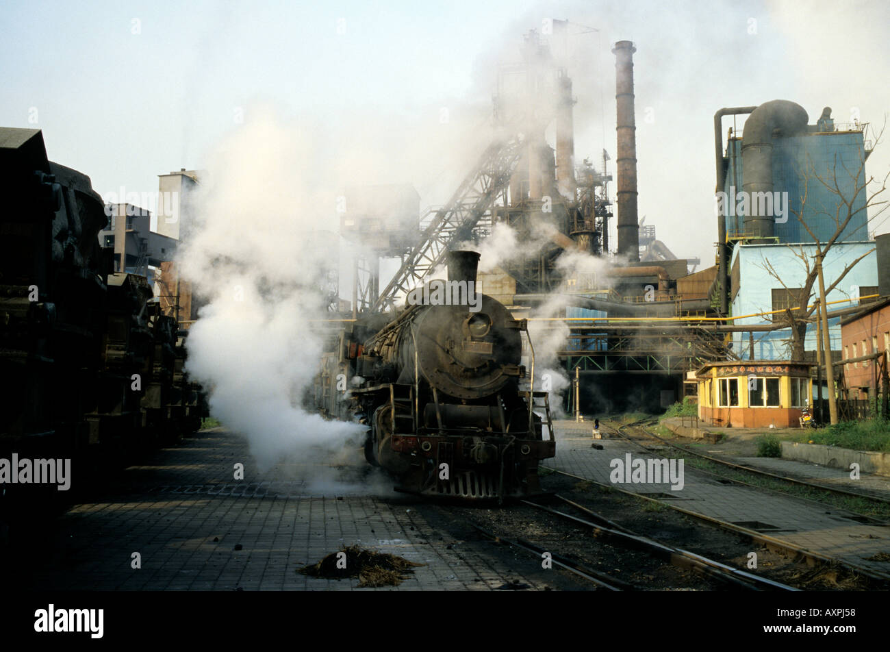A steam train at the factory of Benxi Iron and Steel Group in Liaoning ...