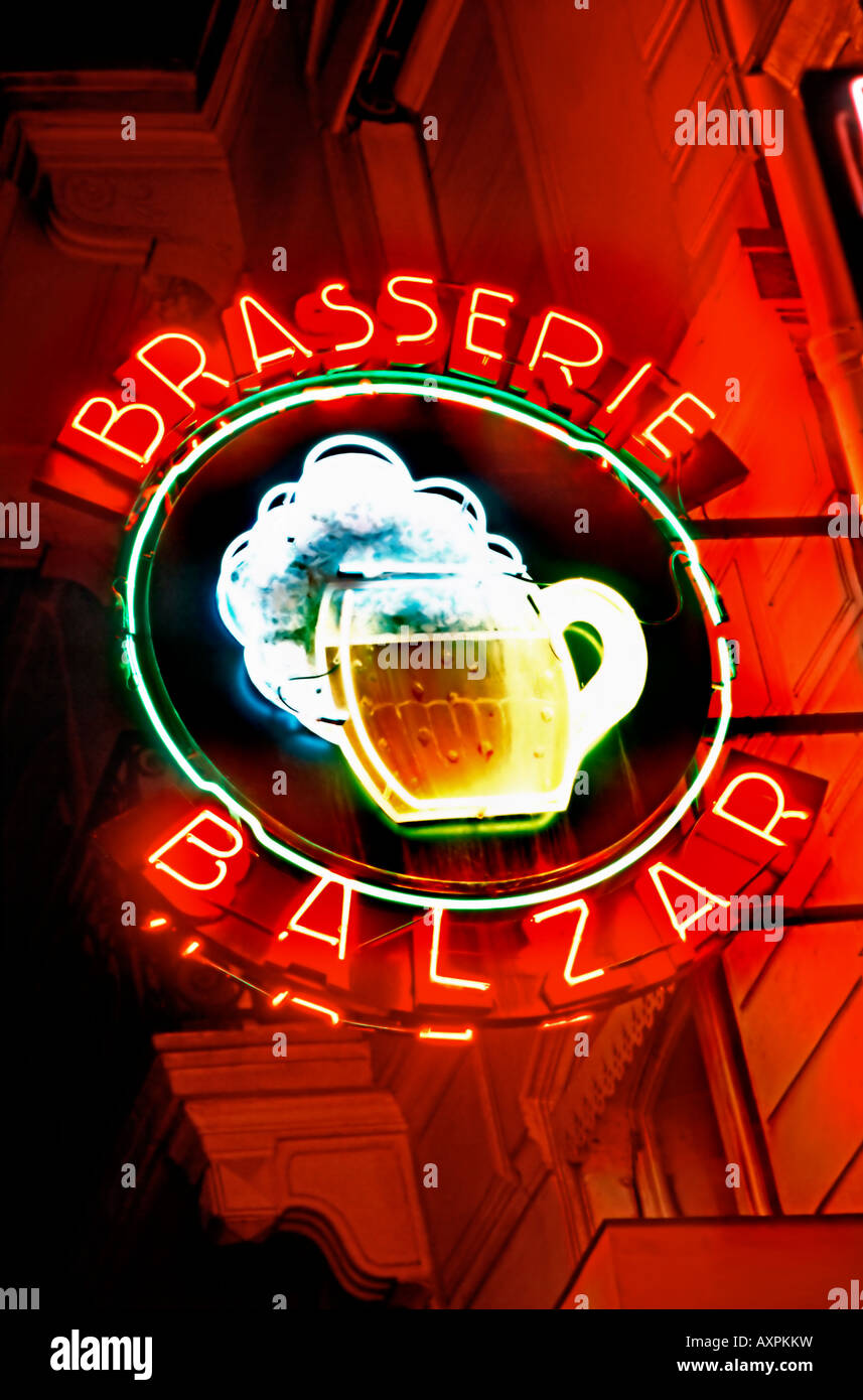 Paris France, French Restaurant Brasserie Balzar Exterior, Detail, Neon ...