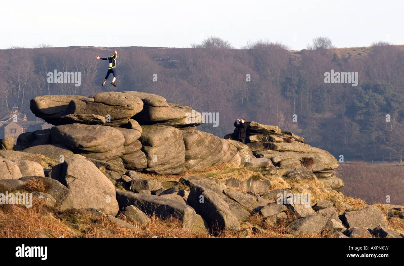 Jumping on rocks near Sheffield and Hathersage in the Peak District ...