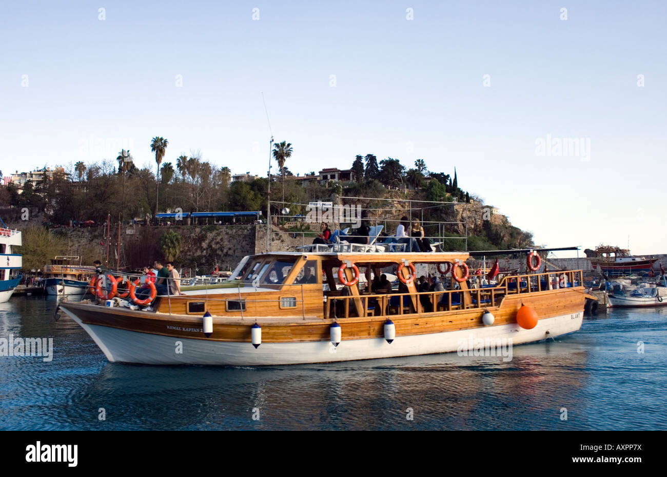 Tourist cruise and tour boat entering Antalya Harbour and Marina Stock ...