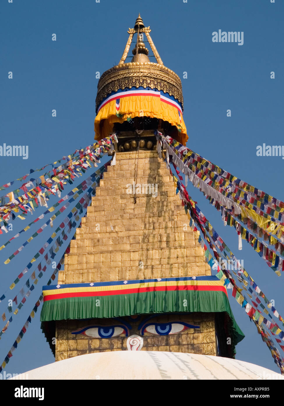 GOLDEN PYRAMID of BOUDHANATH STUPA with prayer flags Kathmandu ...