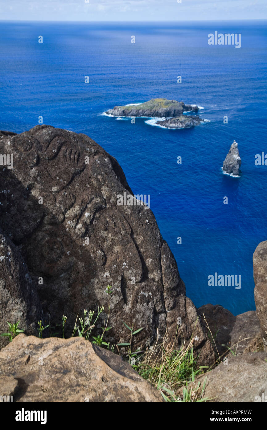 Moto Nui Island of the Birdman cult seen from the Orongo village with ...
