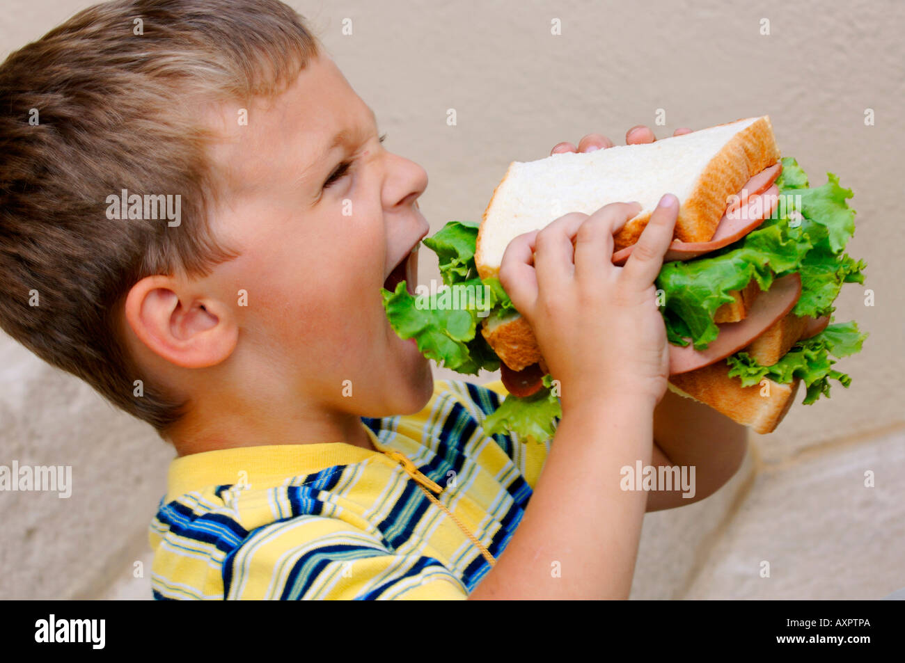 Boy eating monster sandwich Stock Photo - Alamy