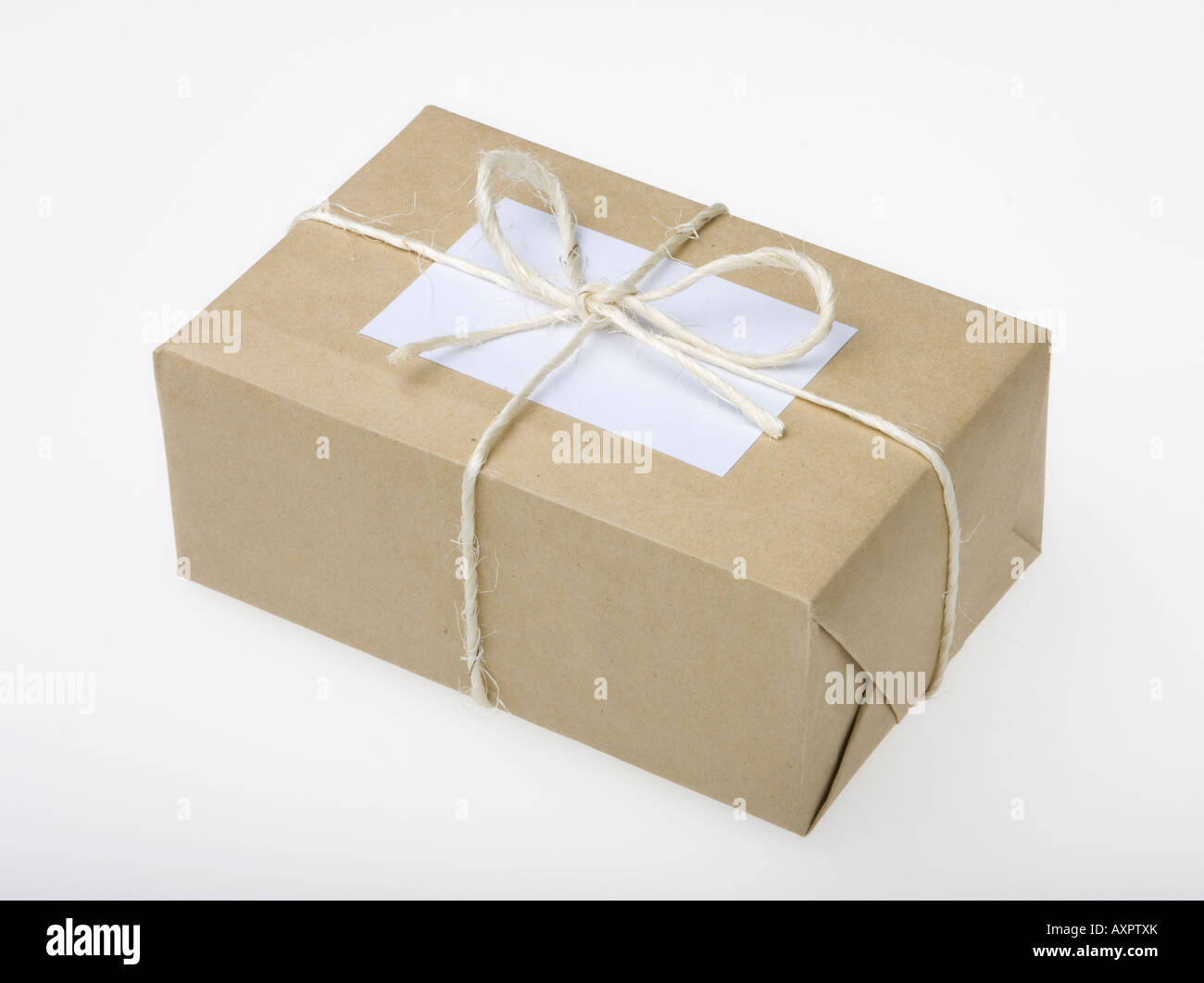 Parcel wrapped in brown paper and tied with rough twine Blank white ...