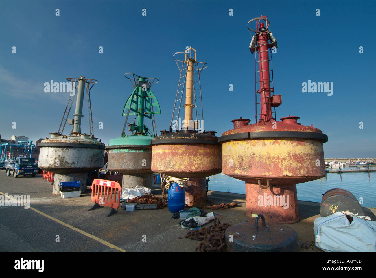 marine hazard direction marker bouy on harbour quay side service repair ...