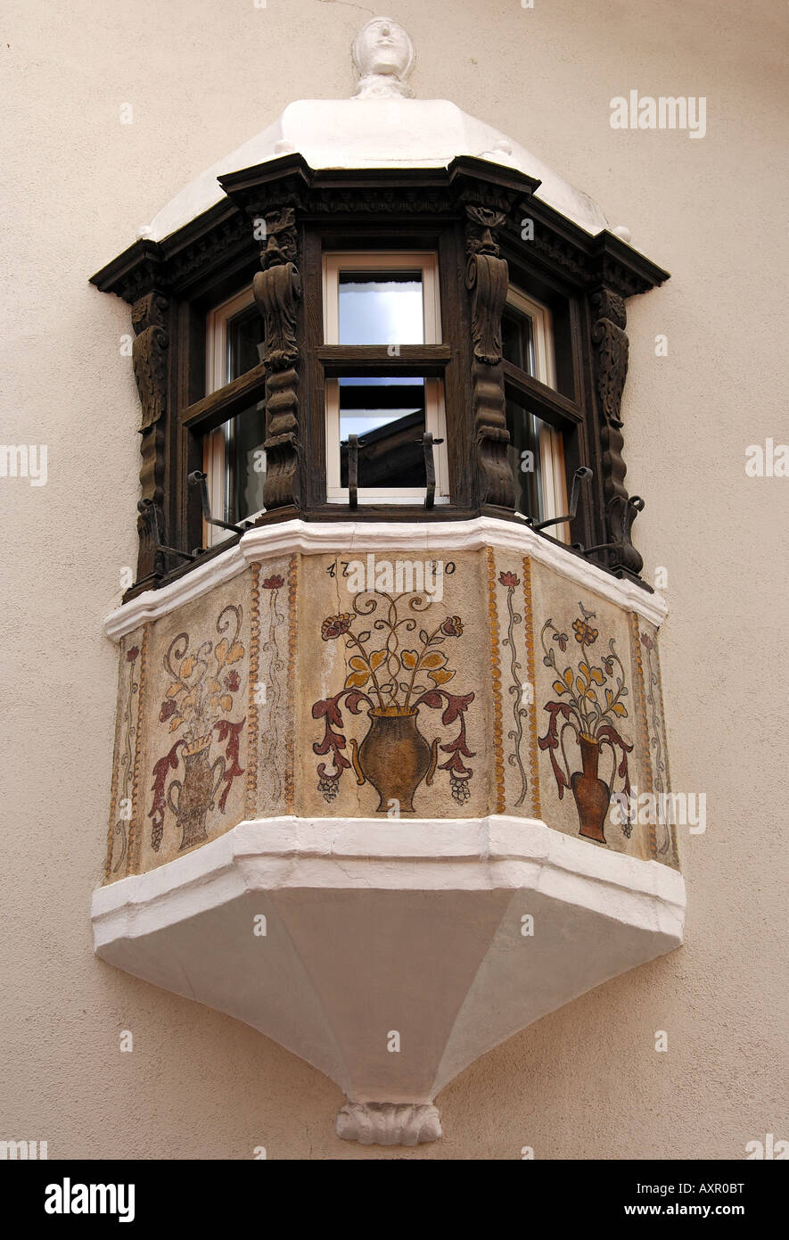 Bay window of a typical Engadin house in Scuol, Schuls, Lower Engadin ...