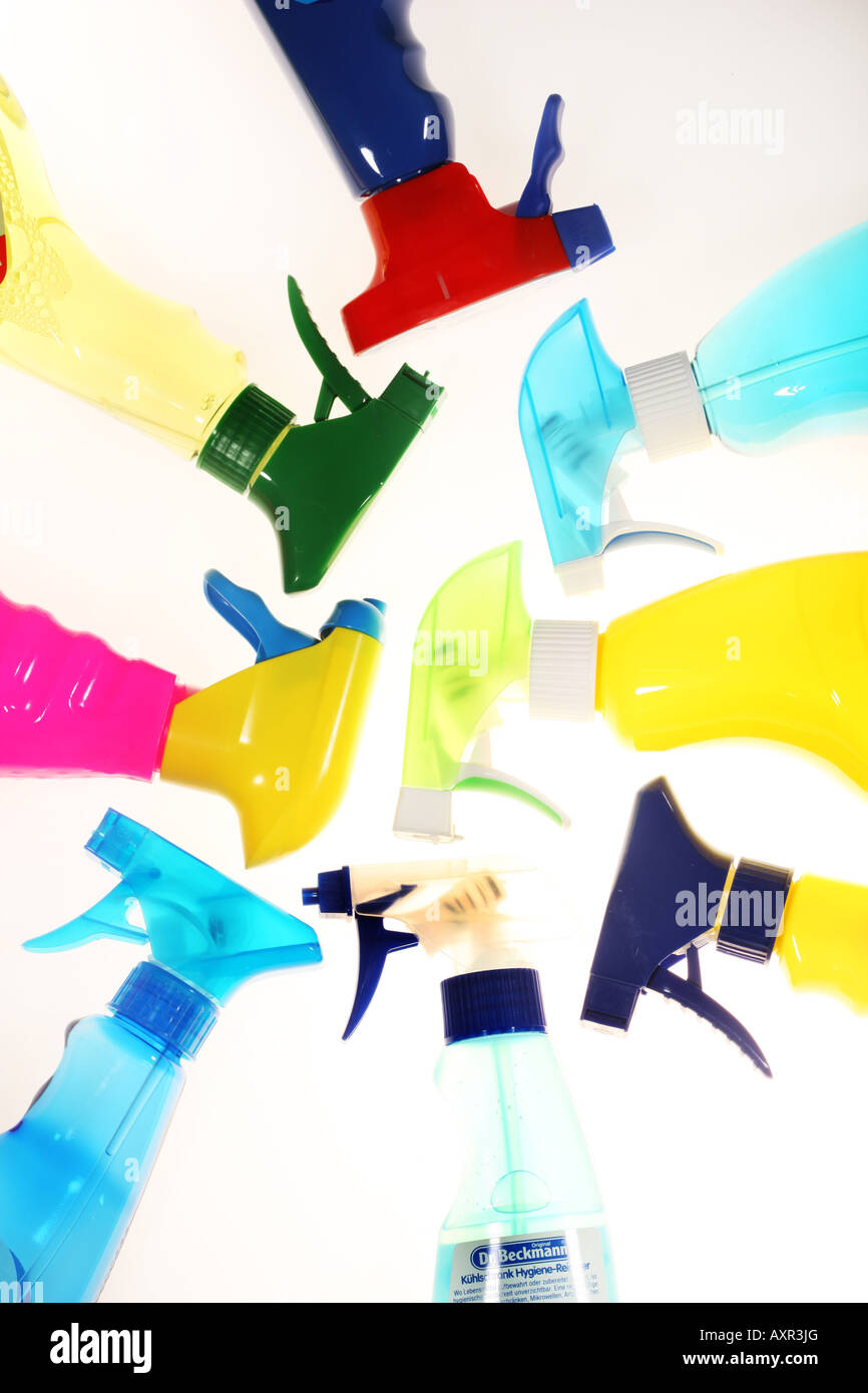 Plastic bottles with liquid cleaning agents Stock Photo - Alamy