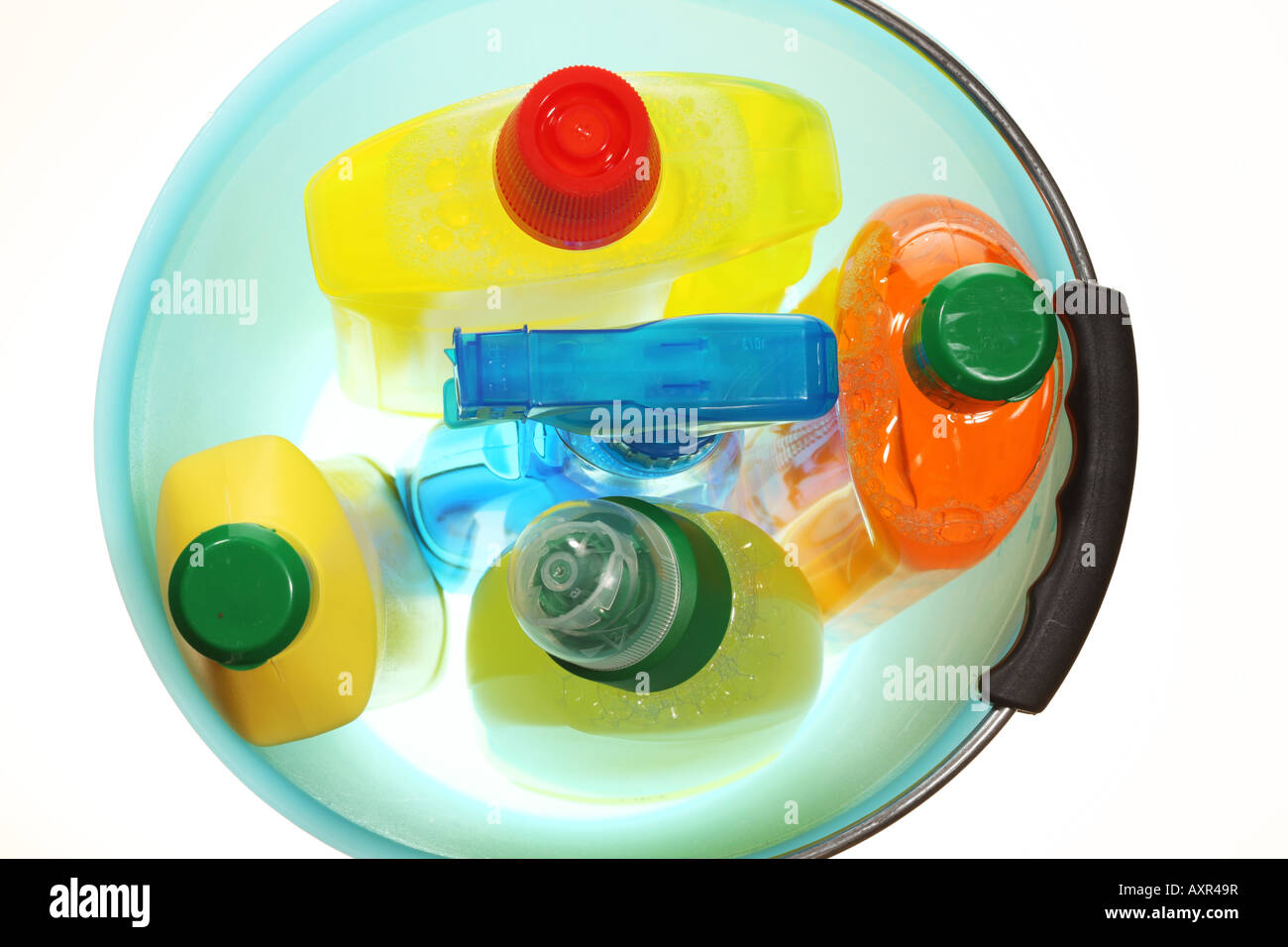 Plastic bottles with liquid cleaning agents Stock Photo - Alamy