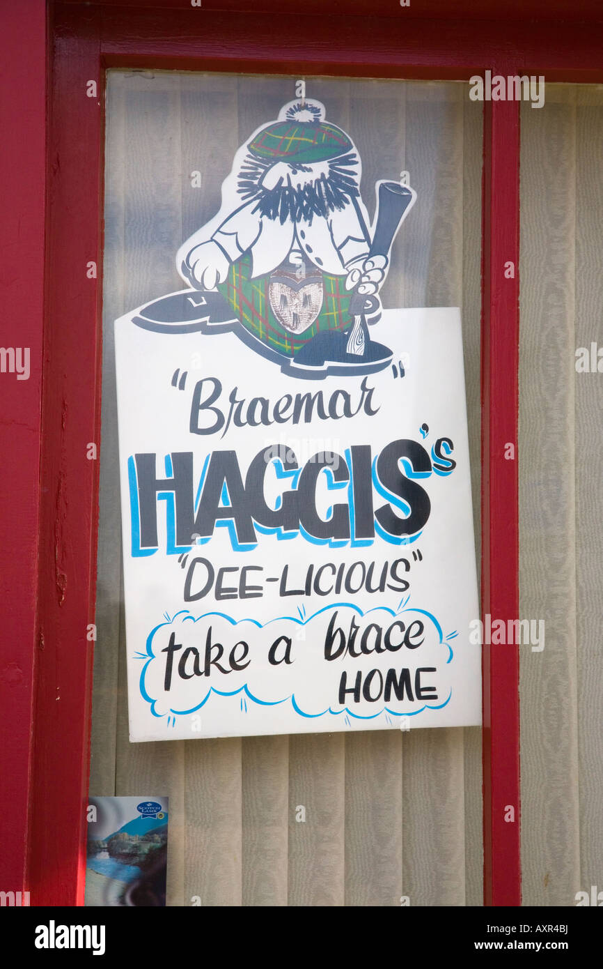 Haggis for Sale notice in Braemar butchers shop, Caiarngorms National ...