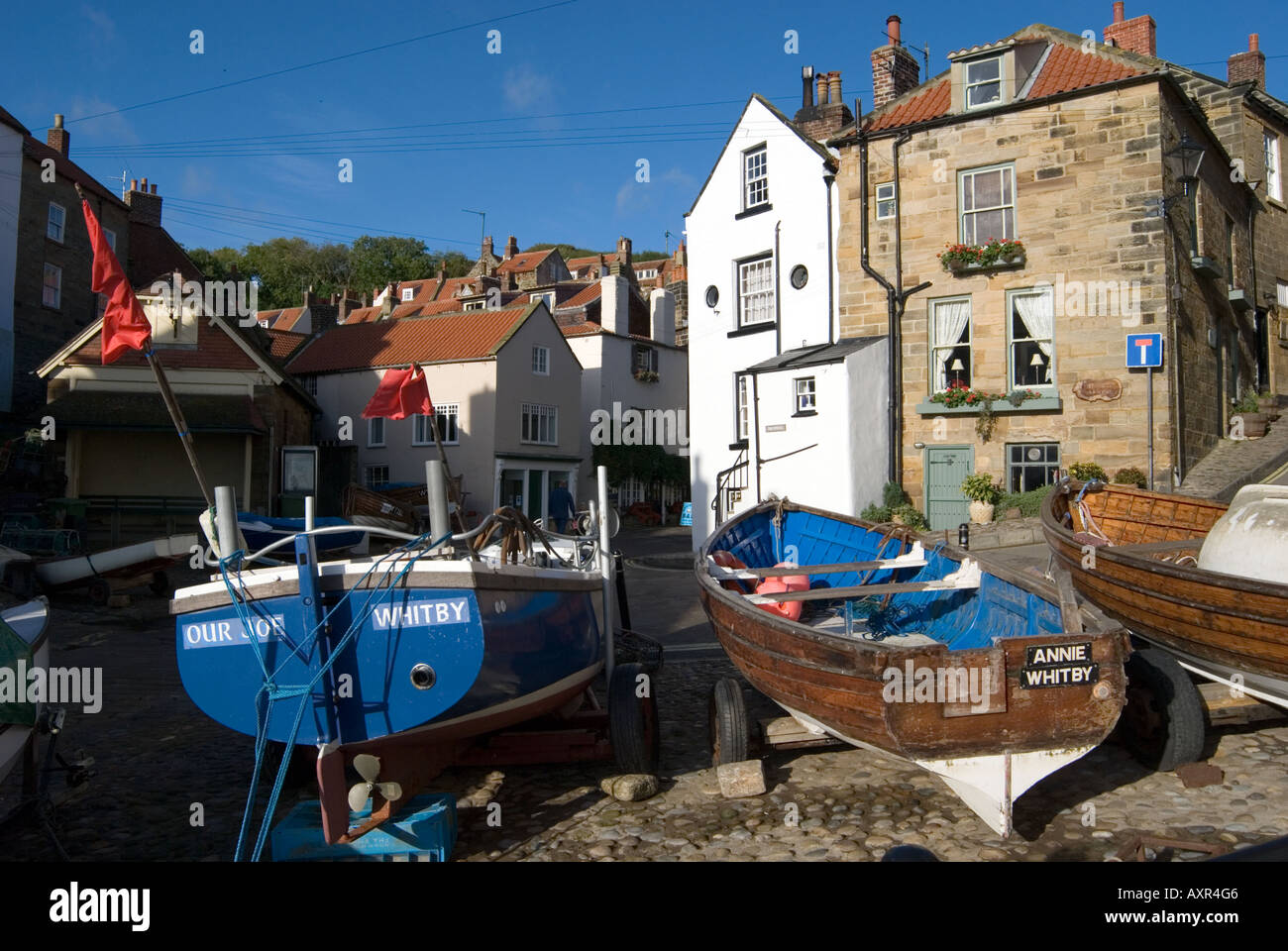 Robin Hoods Bay North Yorkshire UK Fishing boats on the quayside Stock ...
