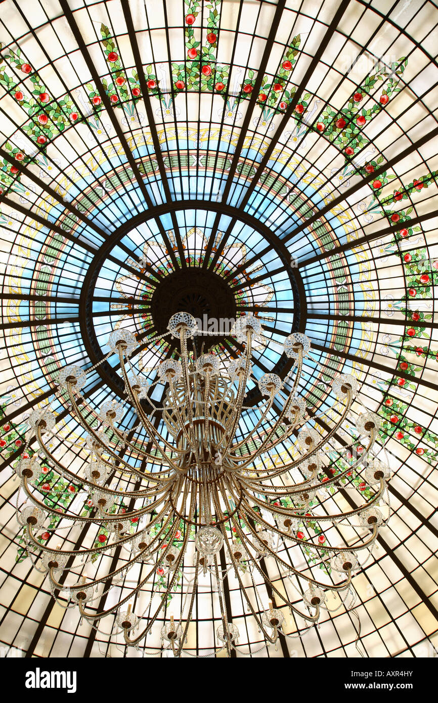 Stained Glass Dome with Chandelier, Palace Madrid, Spain Stock Photo ...
