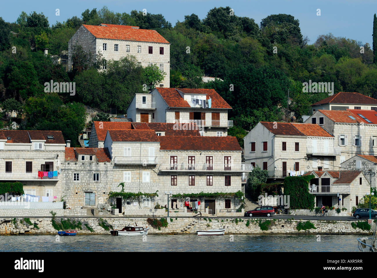 View of harbour-side houses, village of Racisce, island of Korcula ...