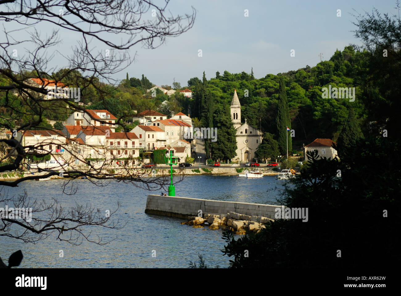 Elevated view across bay, Racisce, island of Korcula, Croatia Stock ...