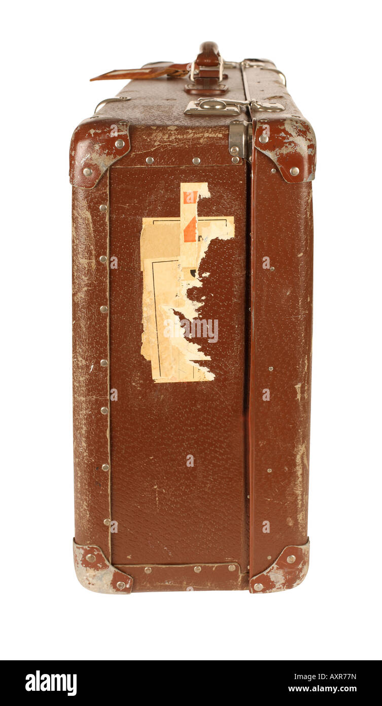 Old and worn retro suitcase isolated on white background side view ...