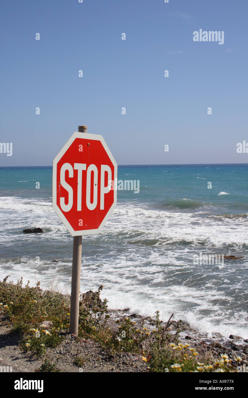 stop traffic sign at the ocean. Crete, Greece, Europe. Photo by Willy ...