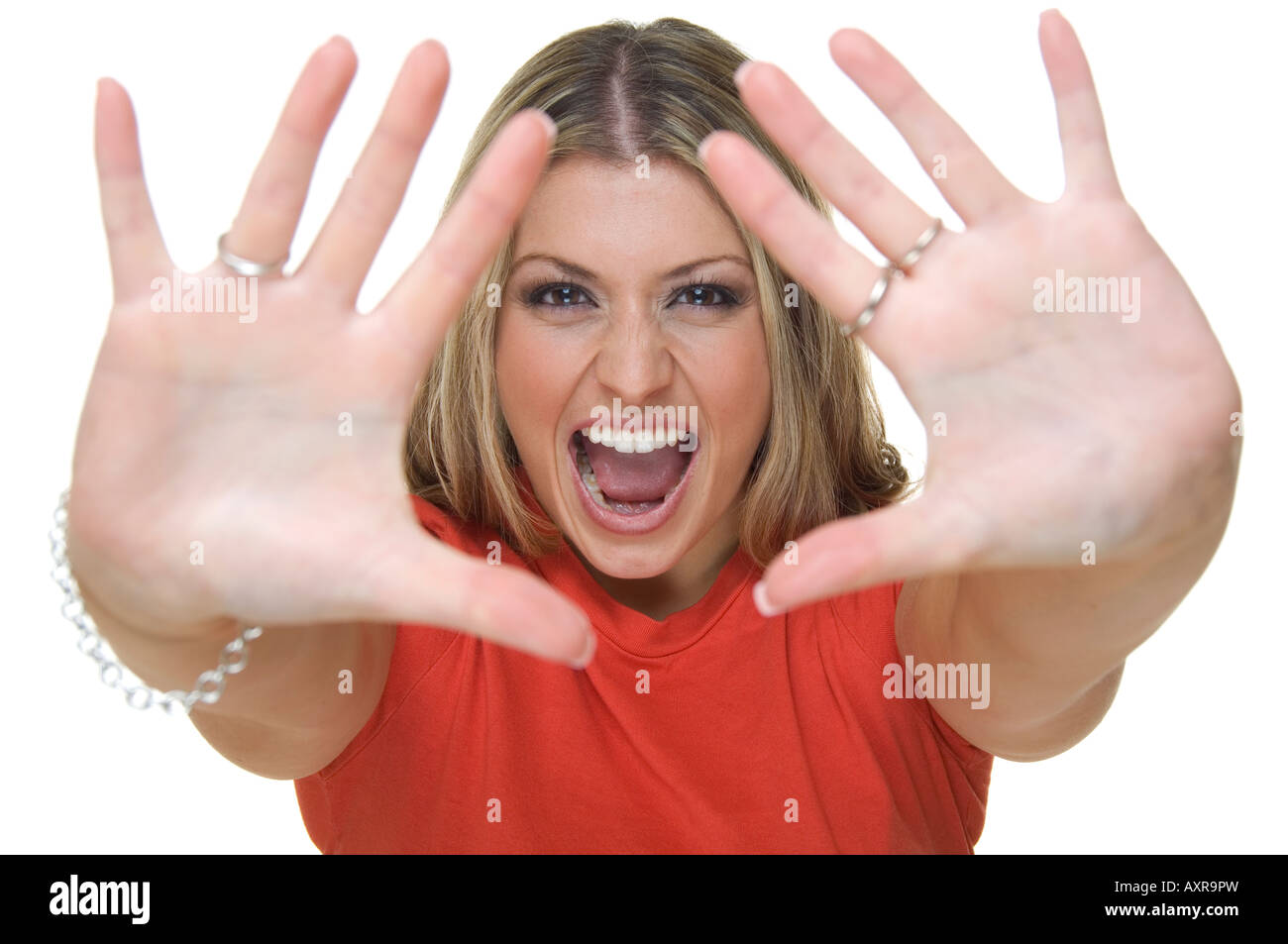 angry woman pushing away Stock Photo - Alamy