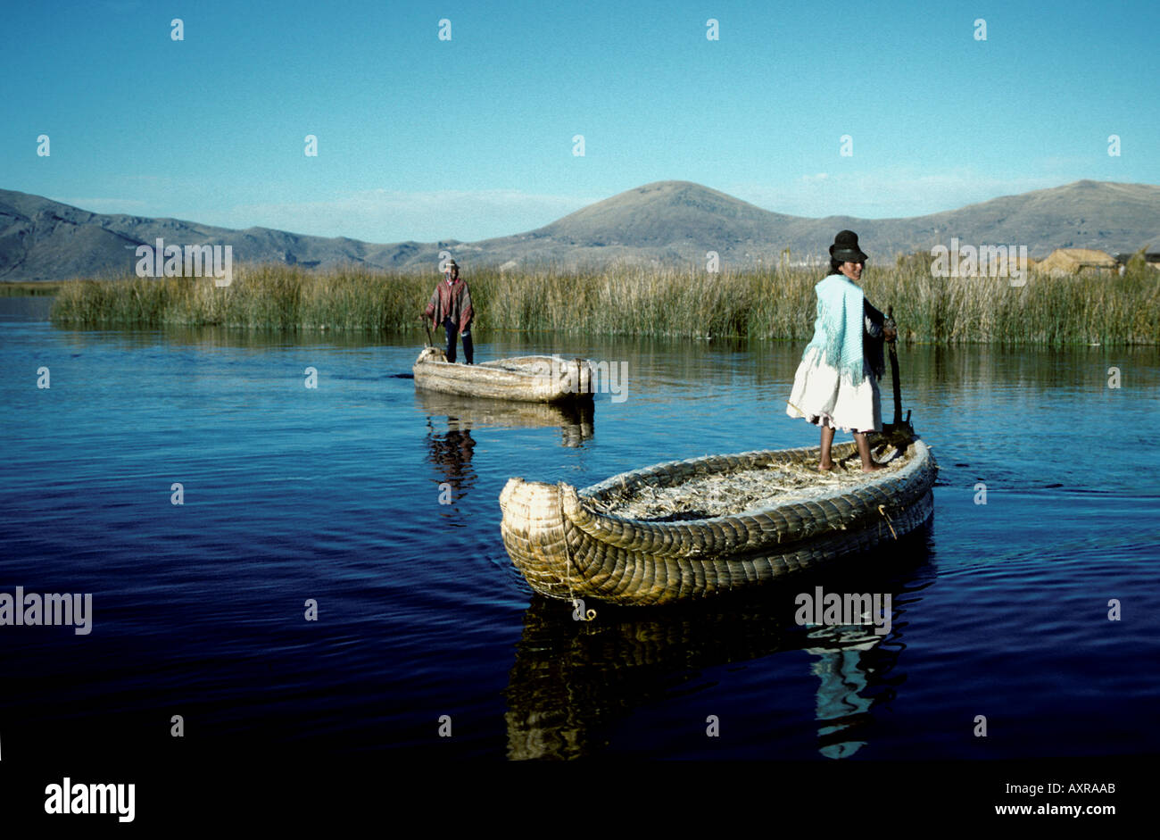 Two reed boats Uros Islands Lake Titicaca Peru Stock Photo - Alamy