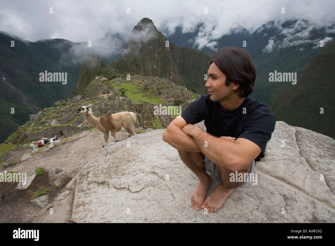 A man and an alpaca at the ancient Inca ruins of Machu Picchu Peru ...