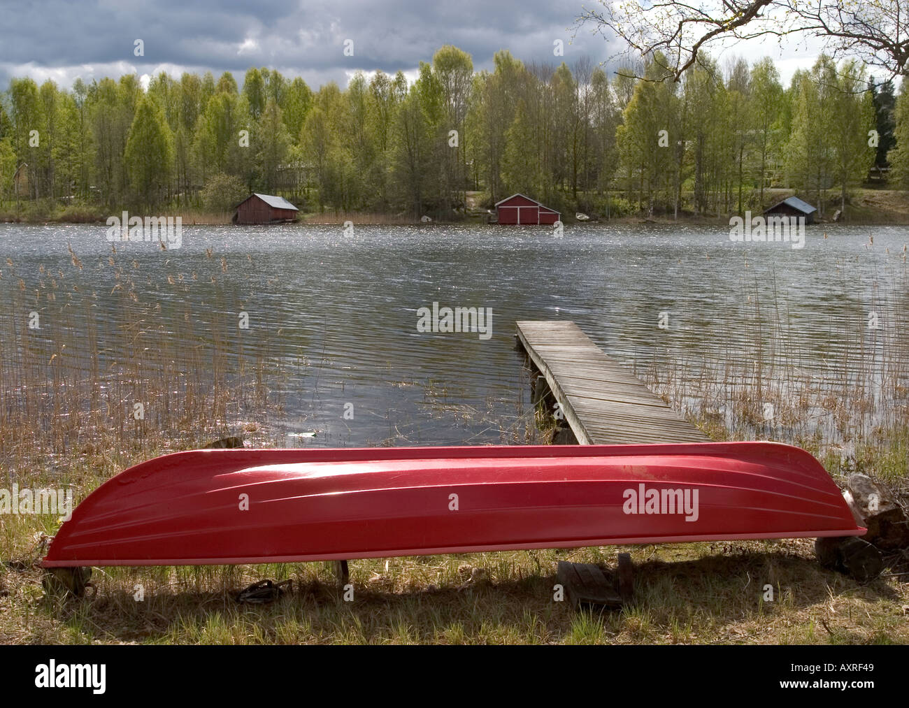 Red fiberglass rowboat / skiff / dinghy upside down at riverbank ...