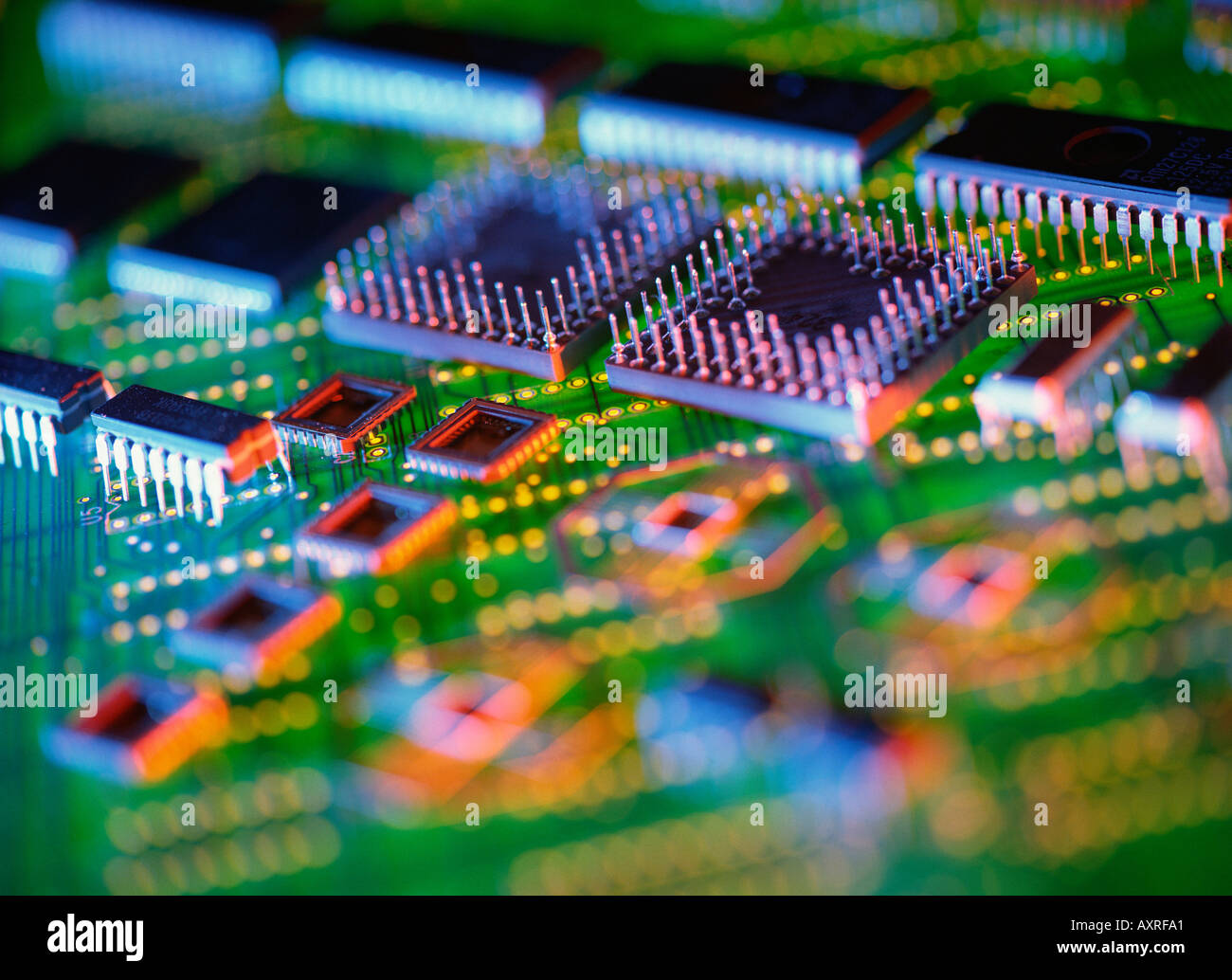 Assorted Integrated Circuits on Printed Circuit Background Stock Photo ...