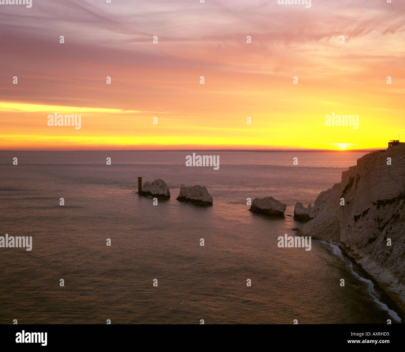 Sunsets over the Needles on the Isle of Wight, famous landmark with the ...