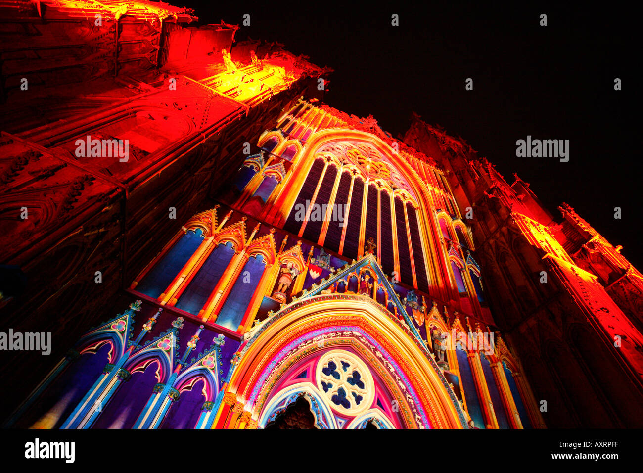York Minster lit up with coloured light to celebrate Bonfire Night ...
