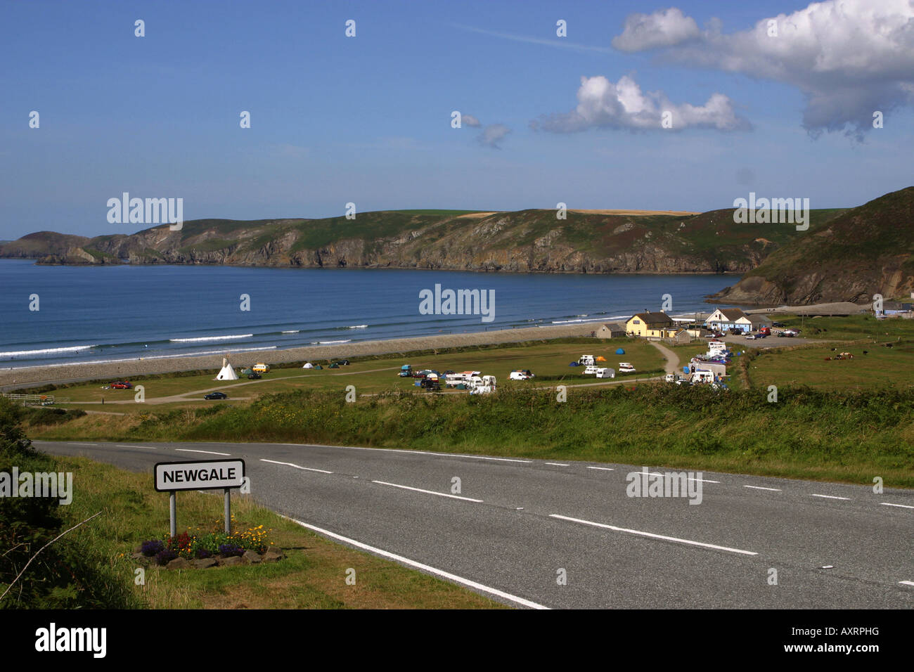 Newgale beach and village,General view, sunny horizontal format ...