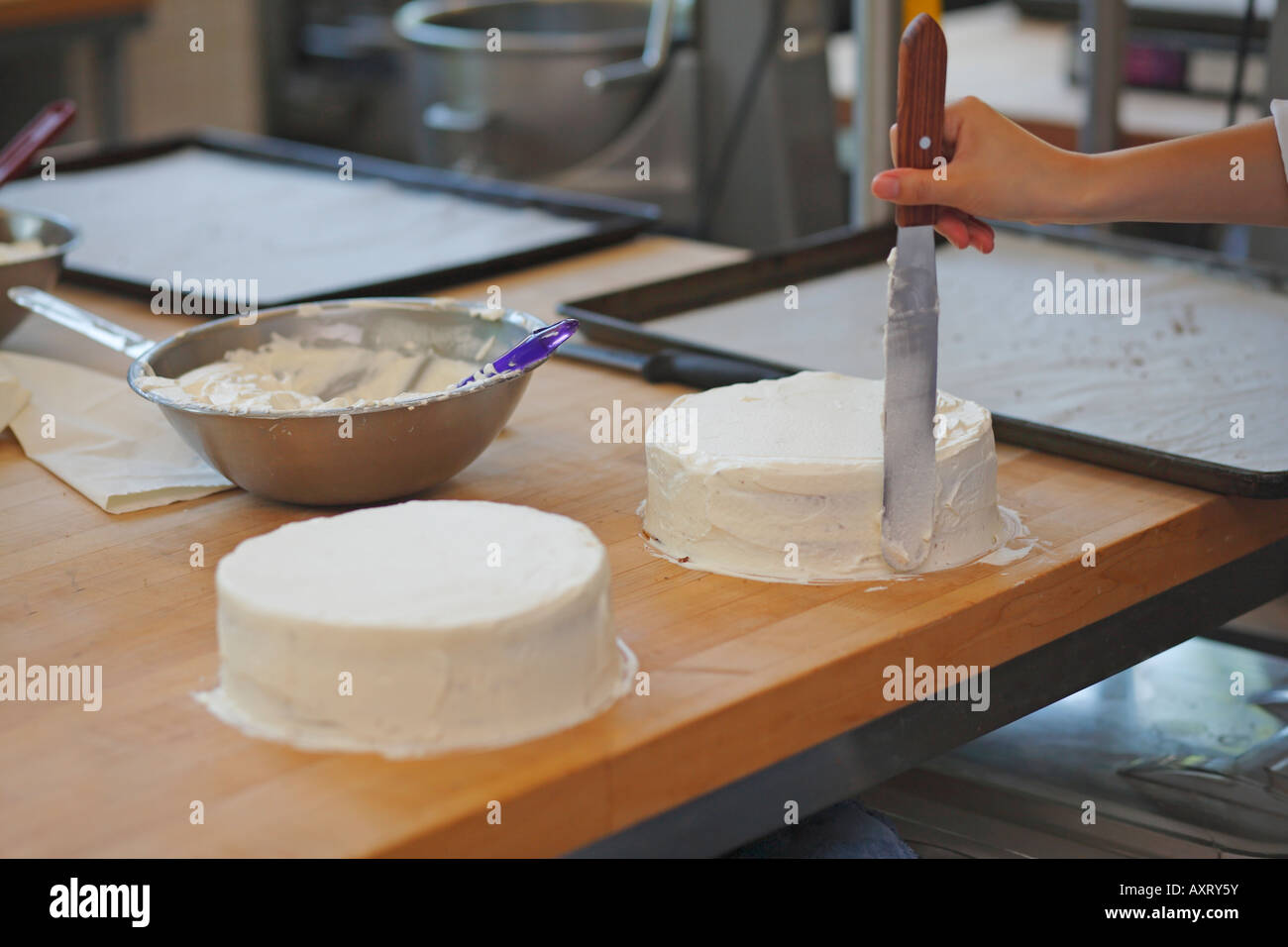 Pastry chef spreading icing over white cream sponge cakes Stock Photo ...