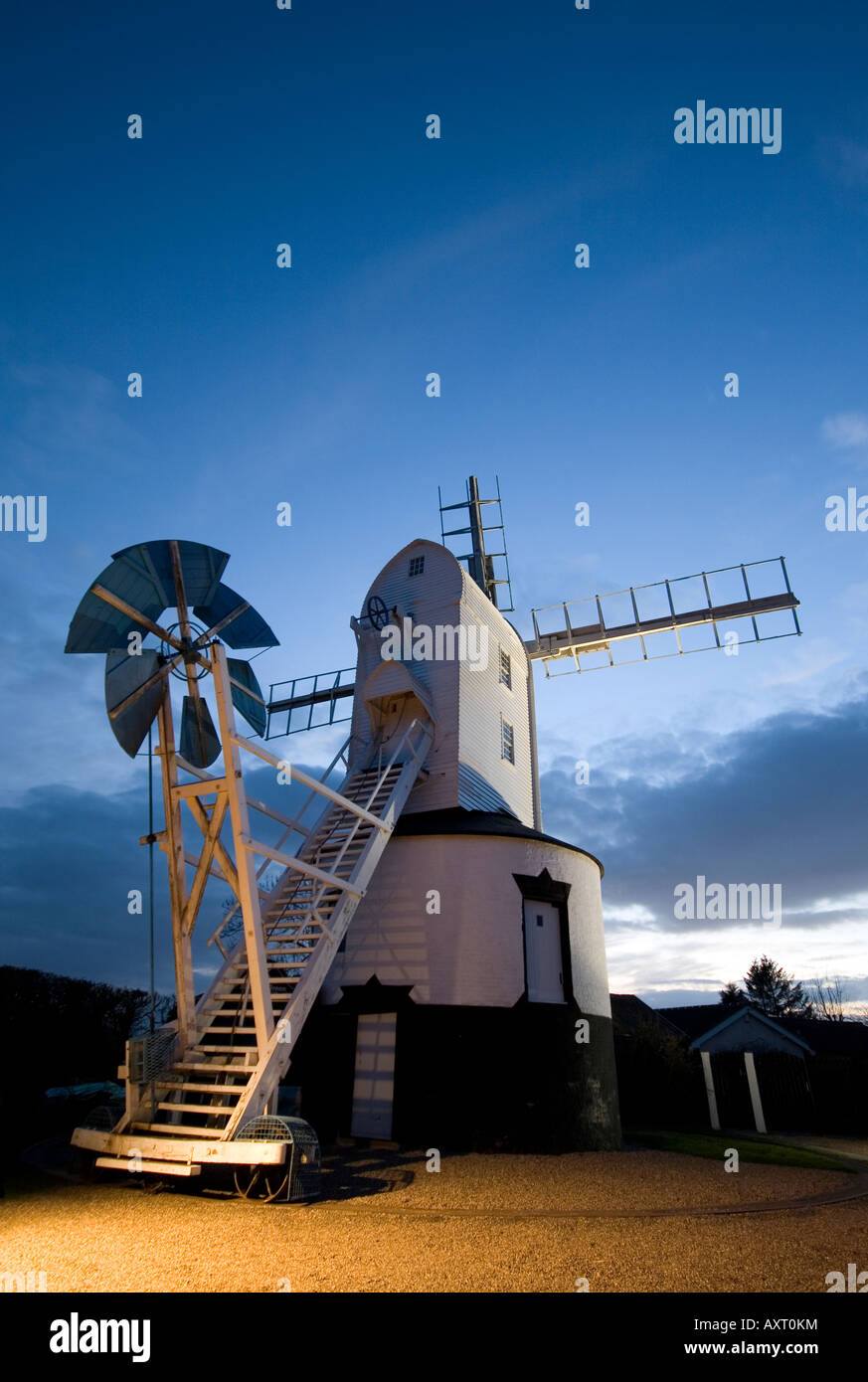 Saxtead post mill Suffolk floodlit in the evening Stock Photo - Alamy