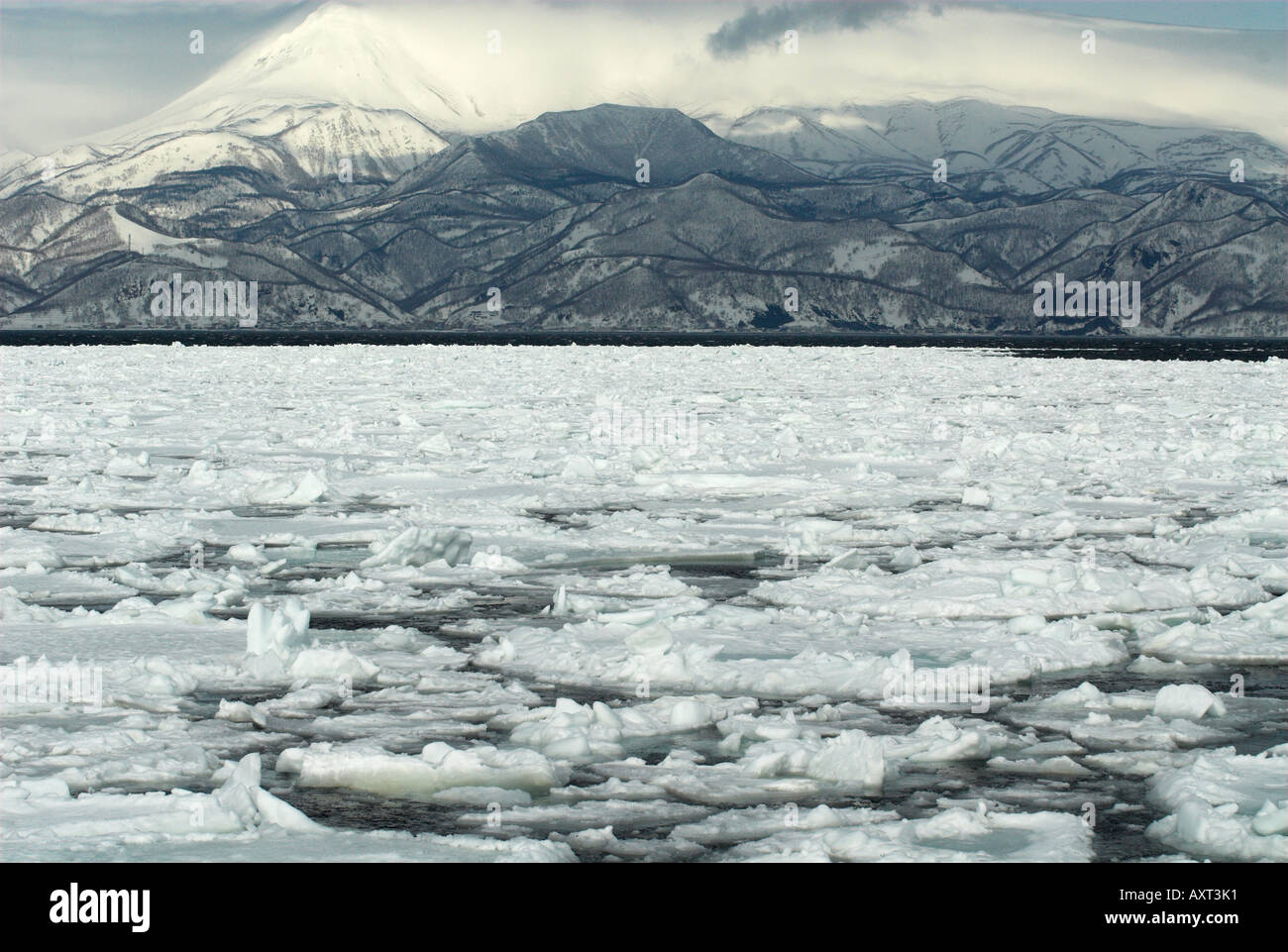 Sea ice Pack and moutain range at Shiretoko National Park Okhotsk Sea ...