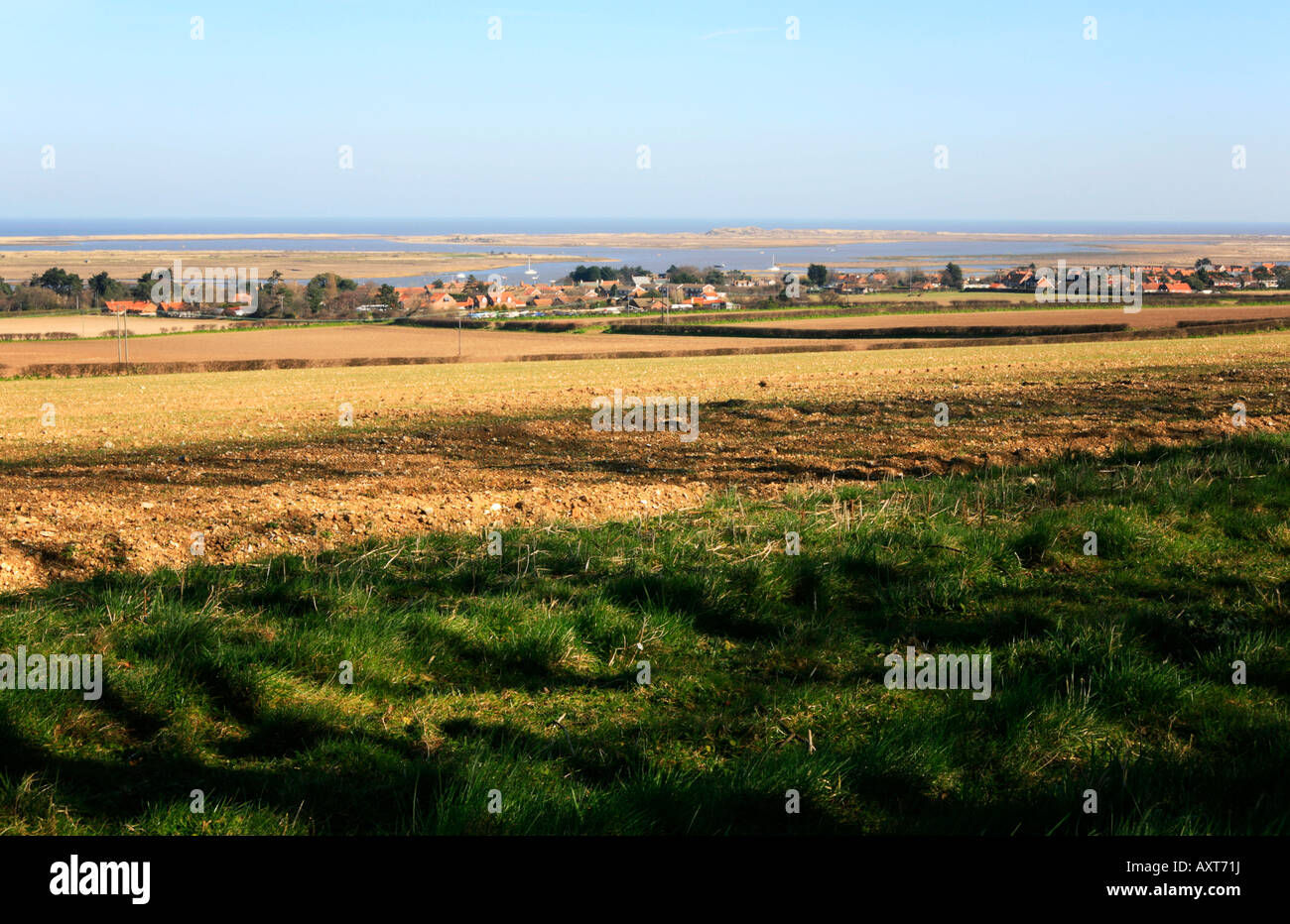View from Barrow Common towards Brancaster Staithe, Norfolk, UK, with ...
