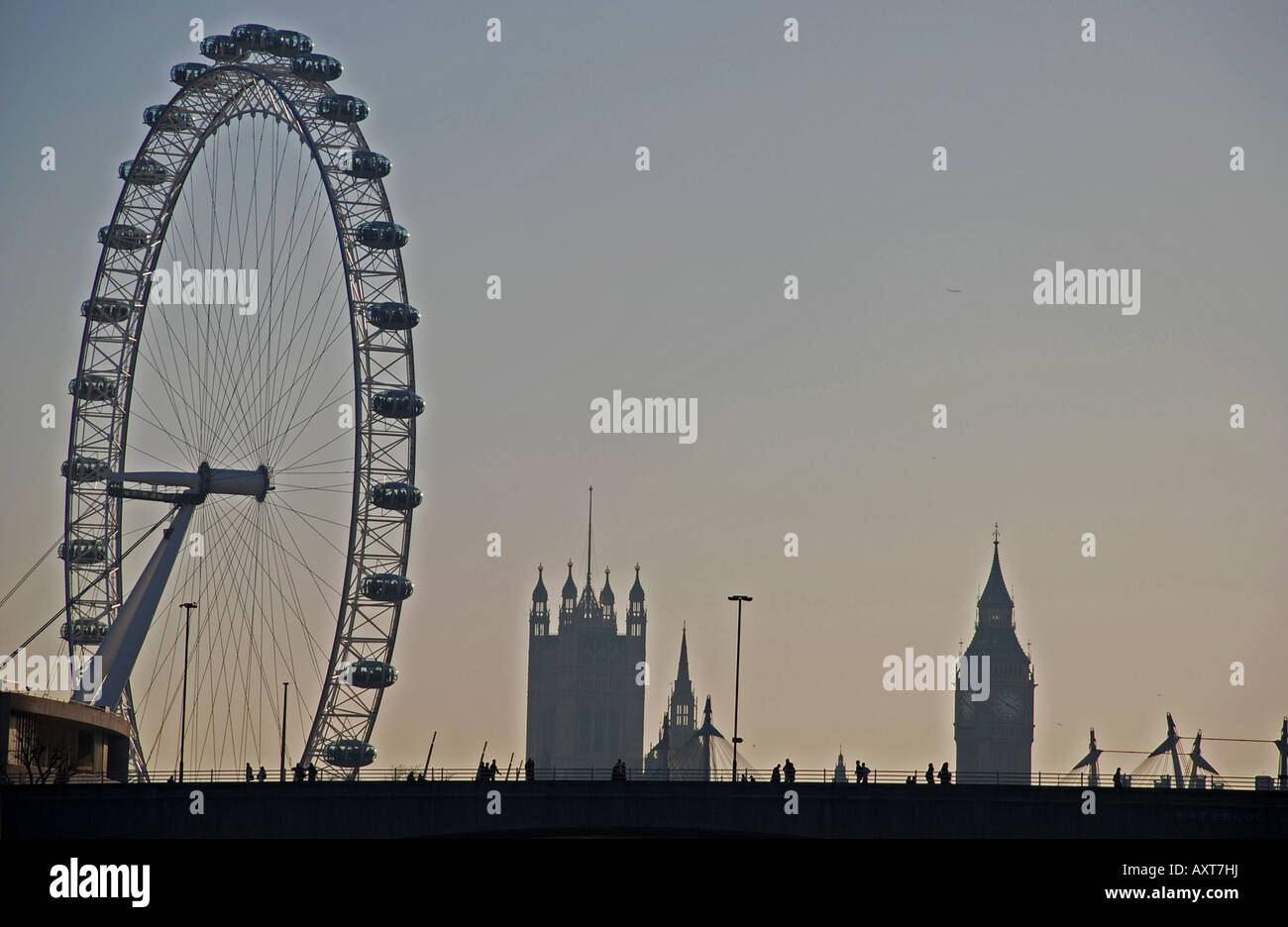 View of Waterloo Bridge with the London Eye, Big Ben and Houses of ...
