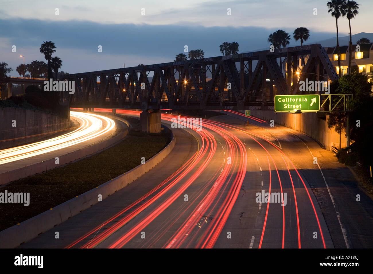 Highway 101 in Ventura, with California Street exit in view at dusk ...
