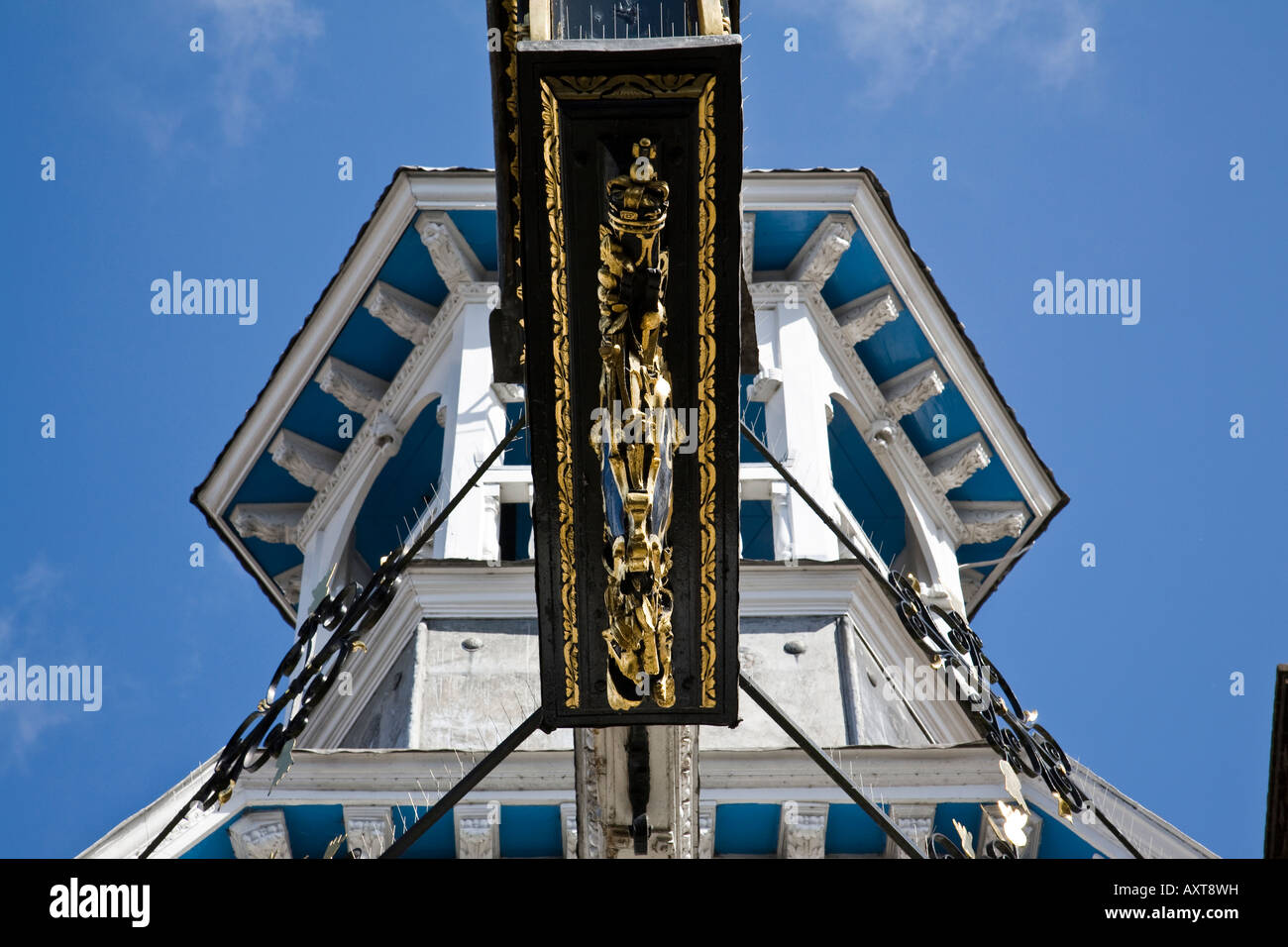 A view from below the Guildhall Clock in Guildford High Street ...