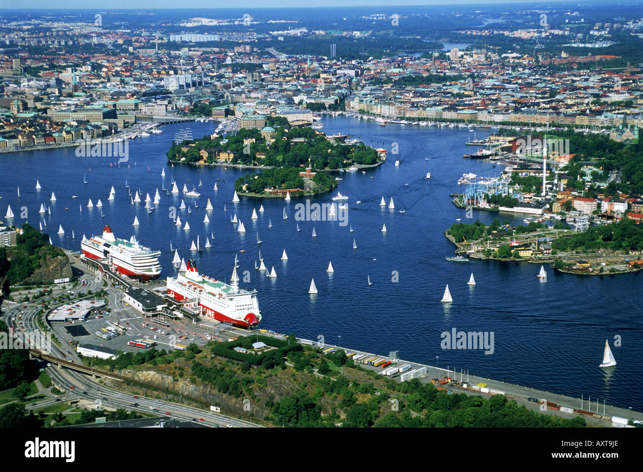 Aerial view of Stockholm with sailboats on Saltsjön and Viking Line ...