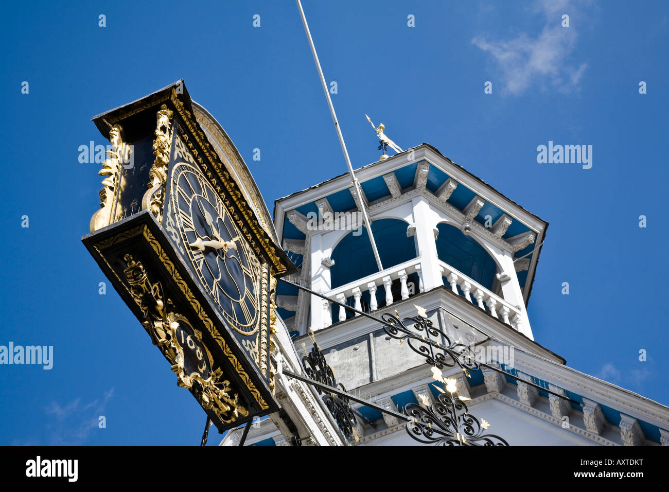 A view from below the Guildhall Clock in Guildford High Street ...