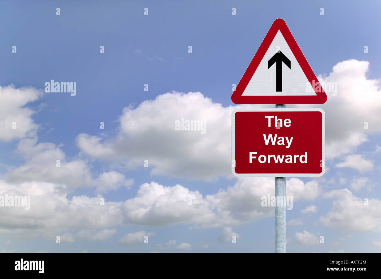 Signpost The Way Forward against a blue cloudy sky background business ...