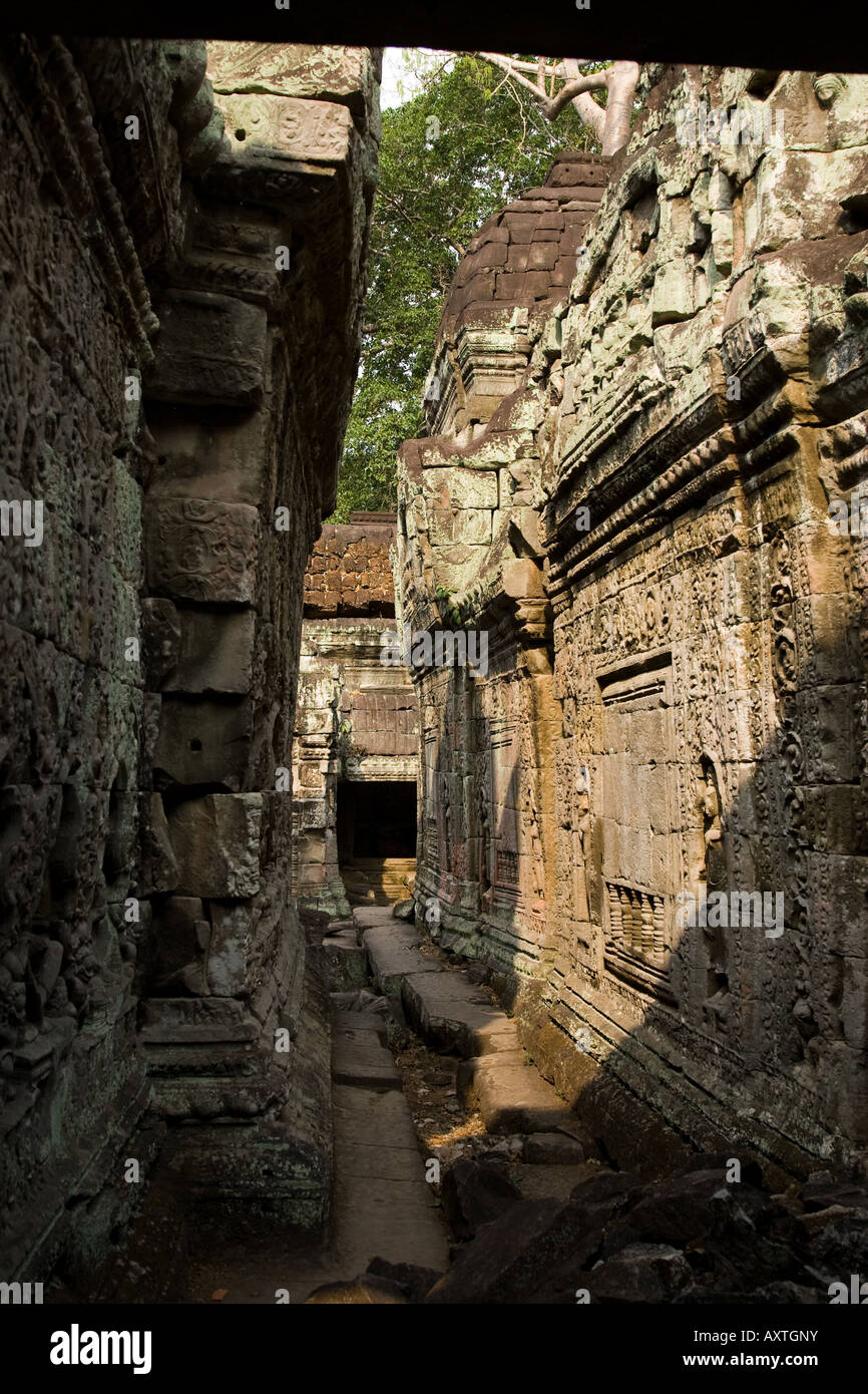 Stone corridors engraved with artwork in a Cambodian Temple near Angkor ...