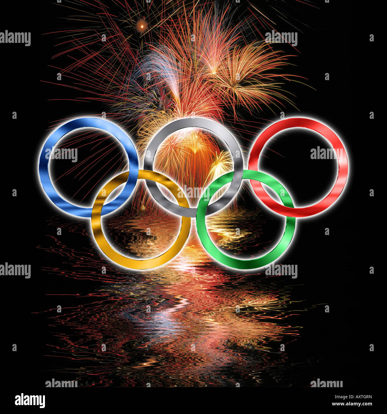 Metallic olympic rings surrounded by glowing edges against a backdrop ...