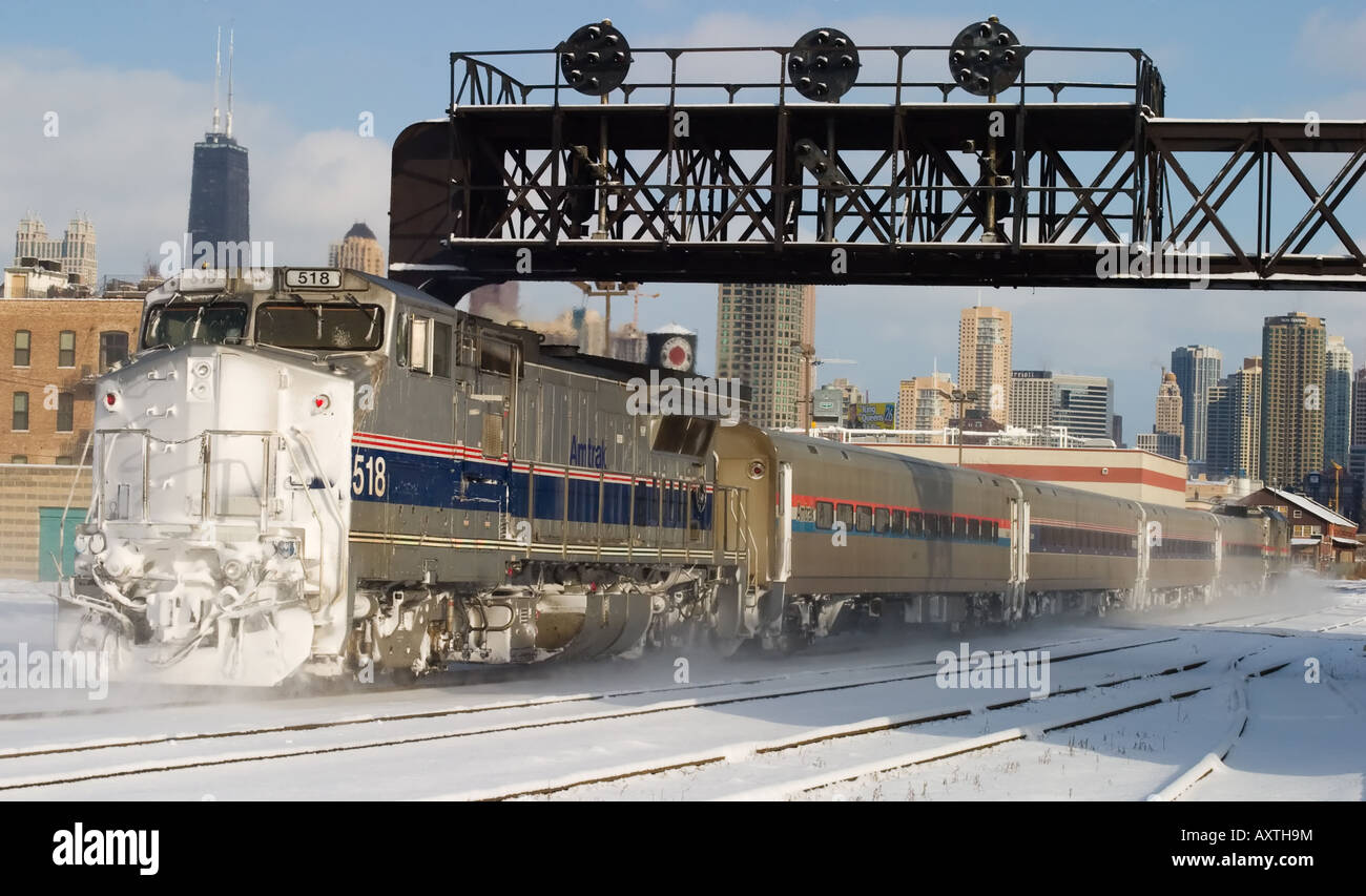 An Amtrak train heads into Chicago Union Station on a cold winter day ...