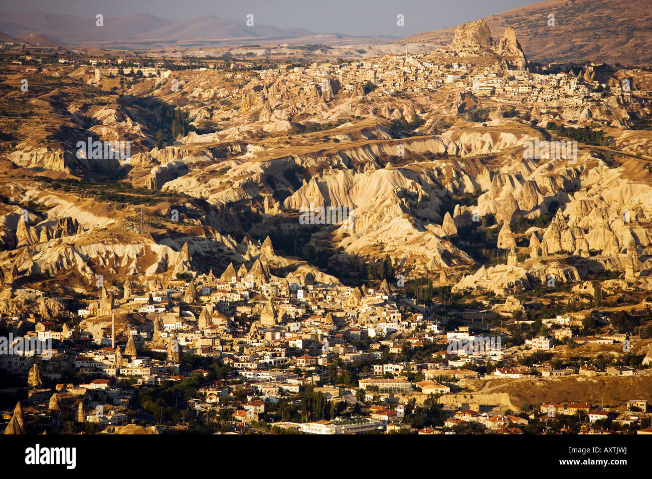Cappadocia valley from the air; towns of Goreme and Uchisar. Cappadocia ...