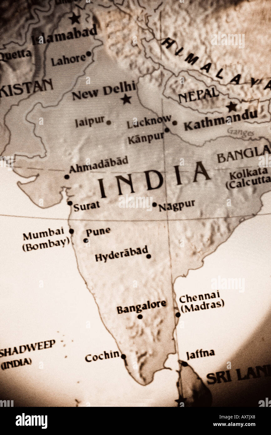 Close-up map of the country India located in south east Asia Stock ...