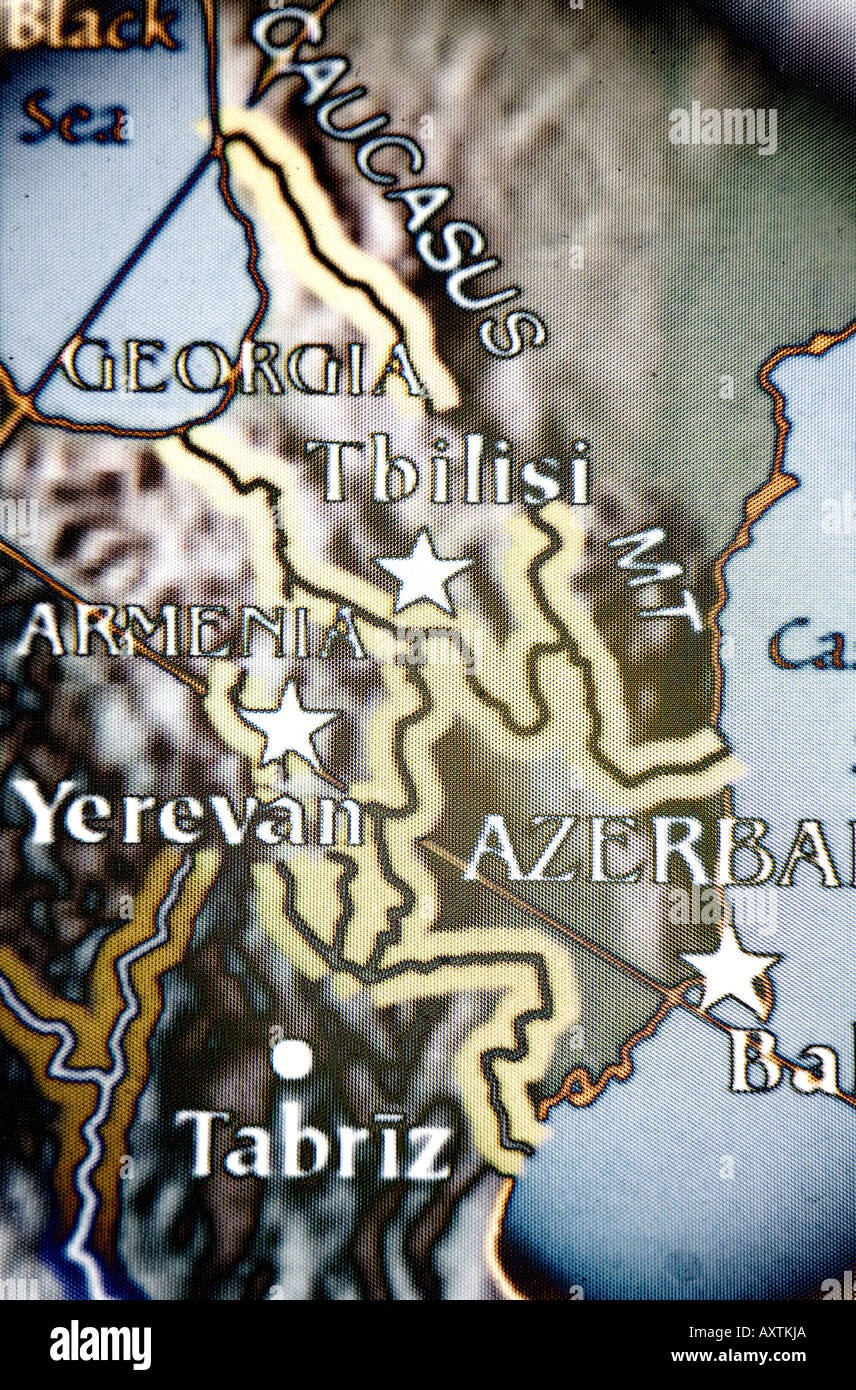 Close-up map showing the countries: Armenia, Georgia, and Azerbaijan ...