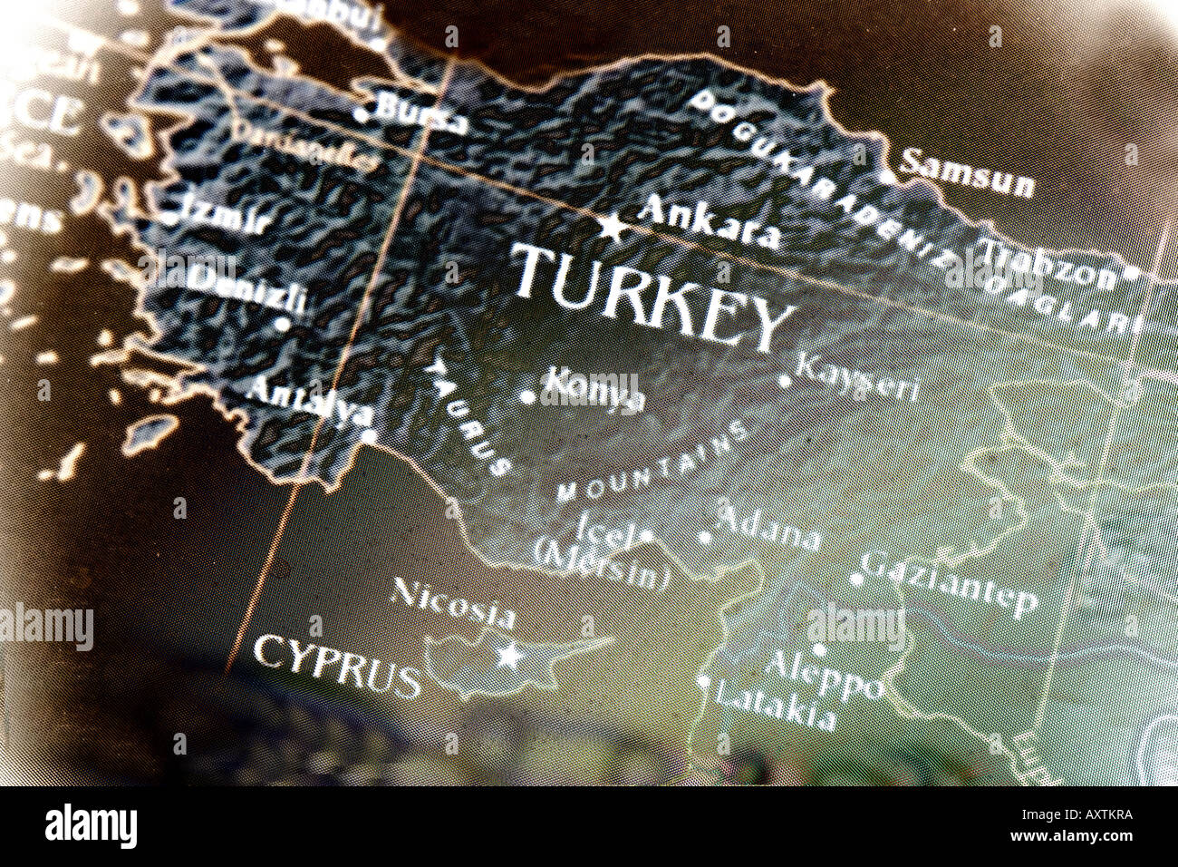Close-up map showing the countries Turkey and Cyprus in the Middle East ...