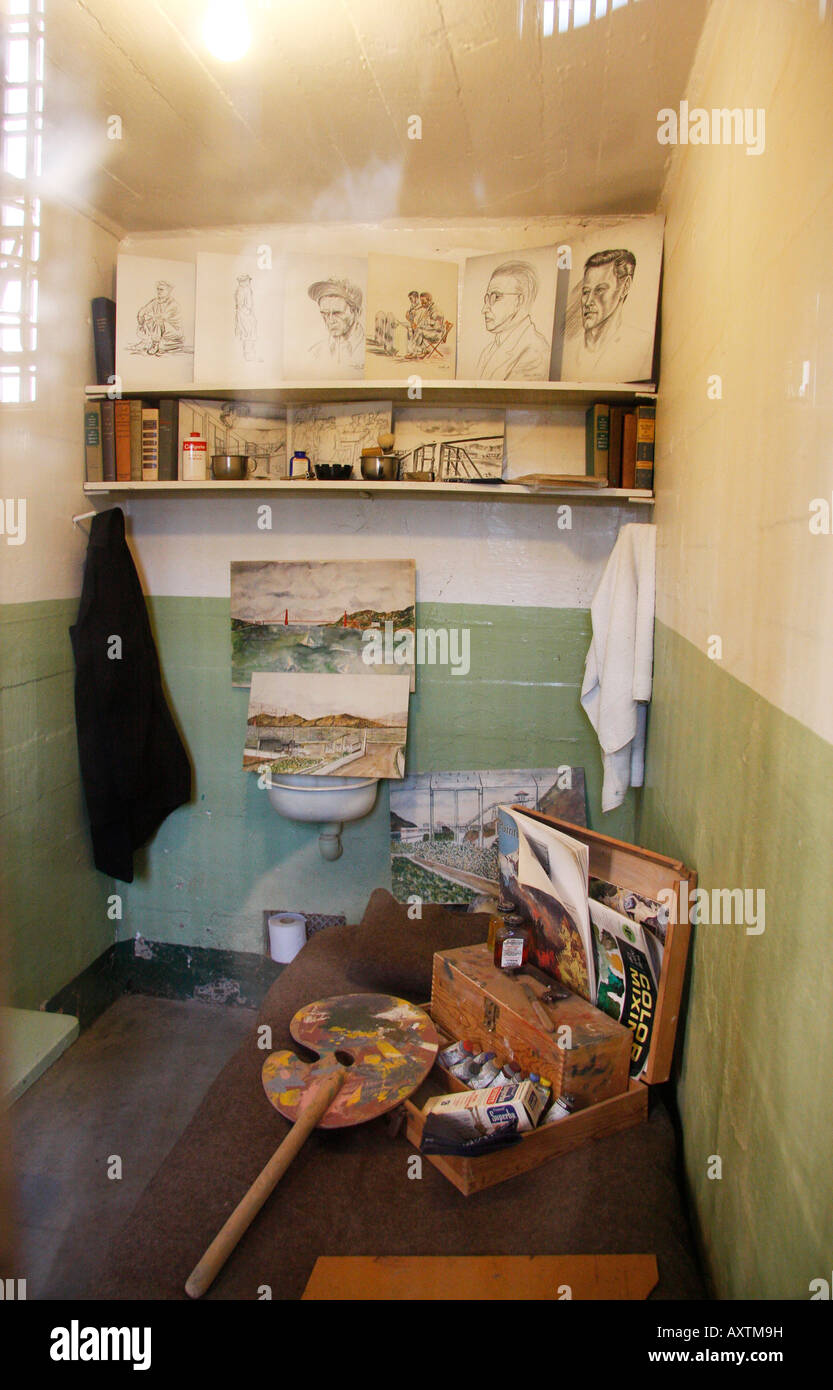 Prison cell in Alcatraz Penitentiary showing how some of the inmates ...