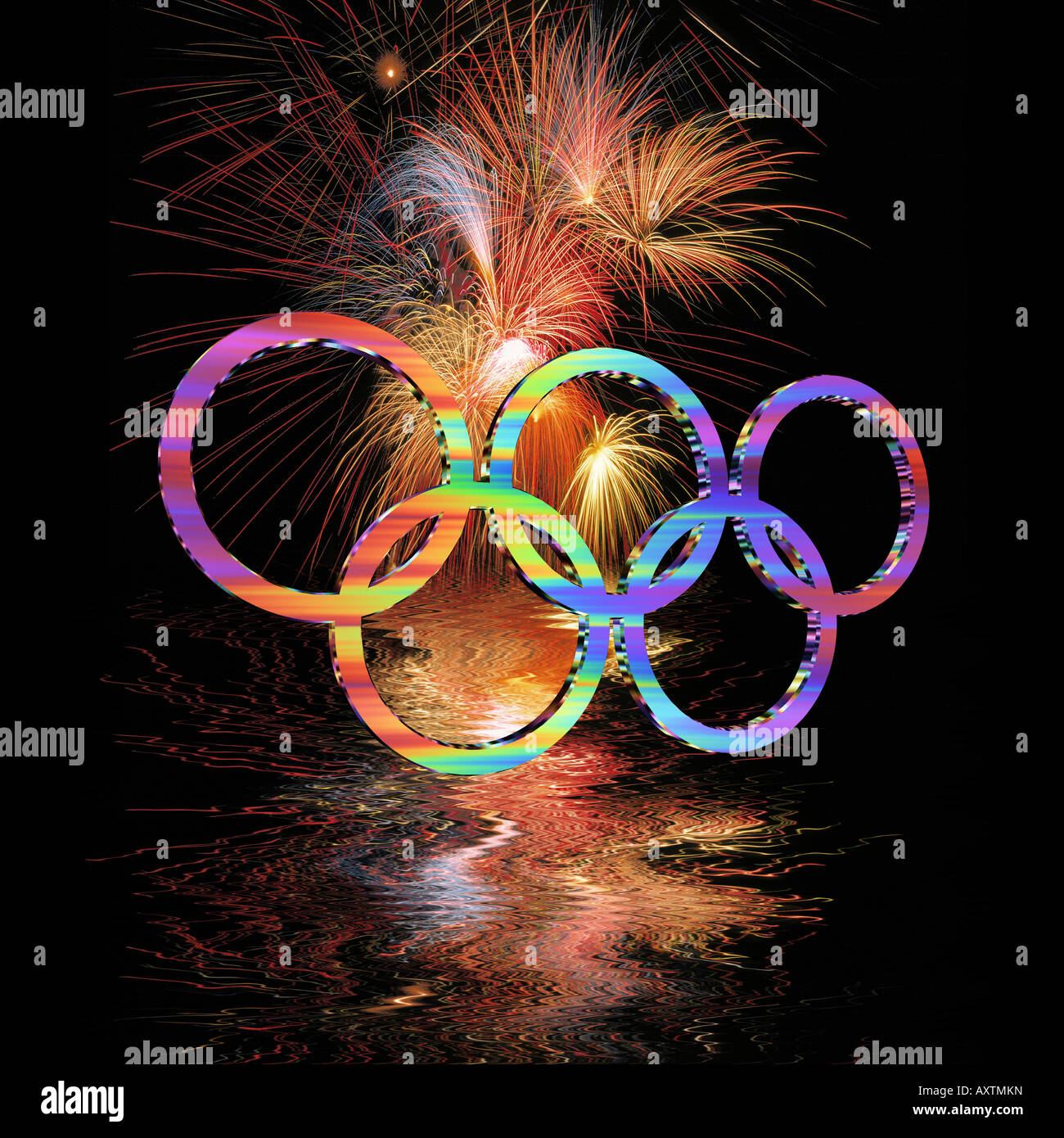 Olympic rings in festive spectral colors against a backdrop of ...