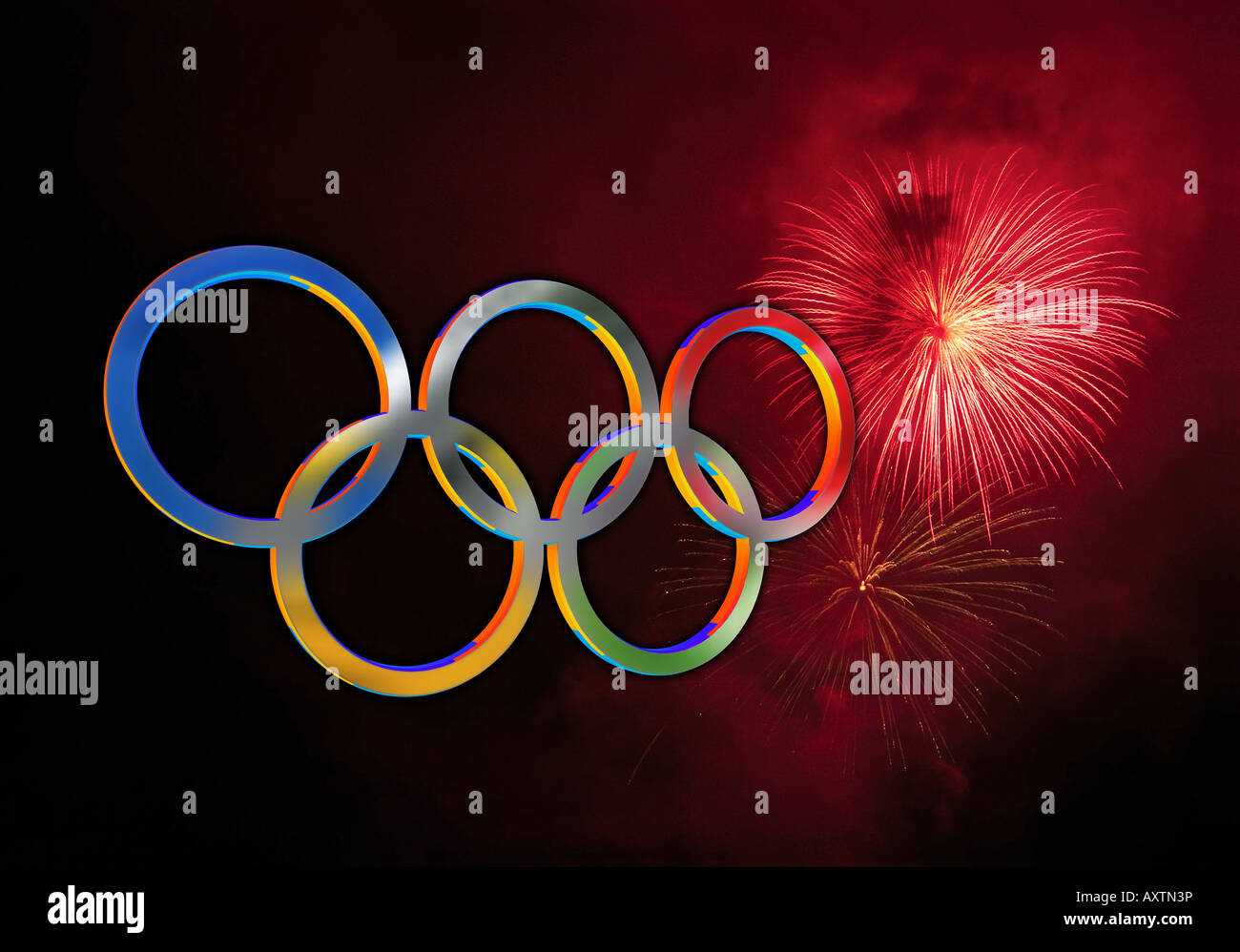 Artistic interpretation of the olympic rings against a dark sky ...